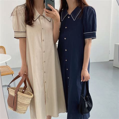 카라넥 린넨 반팔 단추 여름 루즈핏 롱 원피스 2color 오트밀 네이비 에이블리