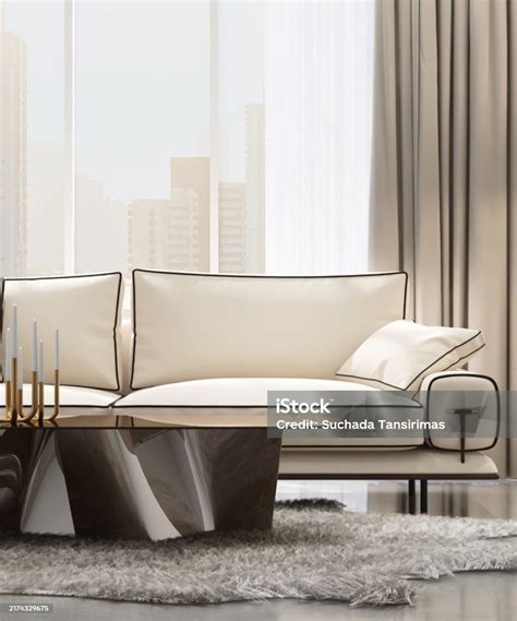크림 가죽 소파 고급 스러움의 털 깔개에 커피 테이블 대형 창문에서 햇빛이 비치는 현대적인 거실 인테리어 디자인 장식 제품 배경