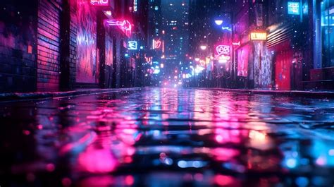 Rainy Night City Street Neon Lights 3d Illustration Premium Ai