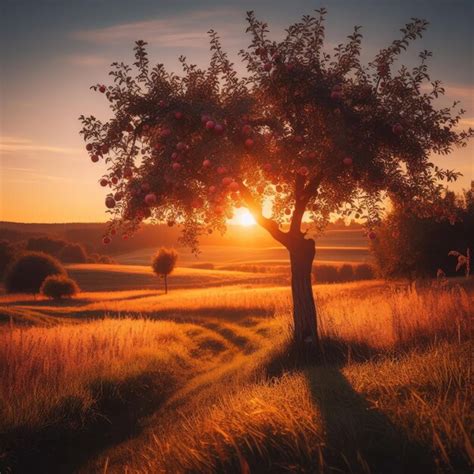 Premium Ai Image Sunset In The Field Tree On Sunset Background