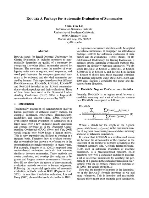 A Package For Automatic Evaluation Of Summaries Pdf Correlation And