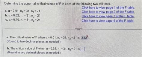 Solved Critical Values Of F For A Significance Level