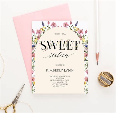 Modern Sweet 16 Invitations With Wildflower Arch Modern Pink Paper