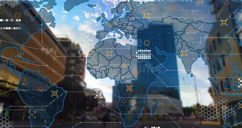 Data Processing Over World Map Against Tall Buildings In Background