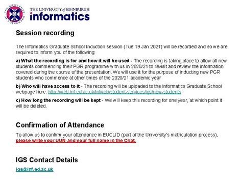 Session Recording The Informatics Graduate School Induction Session