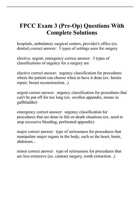 FPCC Exam 3 Pre Op Questions With Complete Solutions FPCC Stuvia US