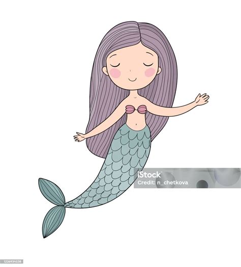귀여운 만화 작은 인어 사이렌 바다 테마입니다 흰색 배경에 격리된 개체입니다 0명에 대한 스톡 벡터 아트 및 기타 이미지 0