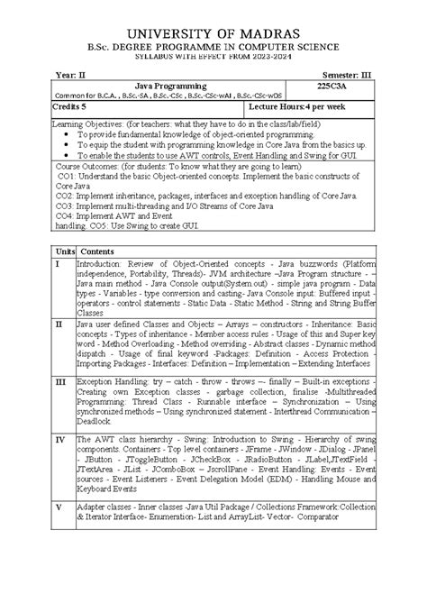 java syallbus summary java university of madras b degree programme