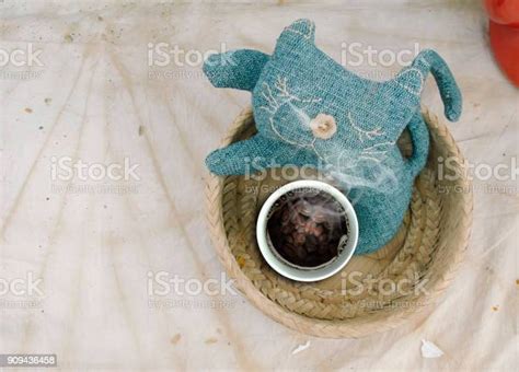 커피 컵와 귀여운 고양이 괜 찮 아 요 고양이의 뜨거운 커피 커피 배경 평면도 복사본 공간 배경 커피 흰색 컵 커피 컵에 콩 0