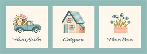 섬세하고 부드러운 사각형 코티지 코어 엽서 꽃 트럭 코티지 여름 별장 및 화단 블루 벨이 있는 냄비가 있는 인사말 카드 푸른 색의 꽃이 있는 식물 포스터 개체 그룹에 대한