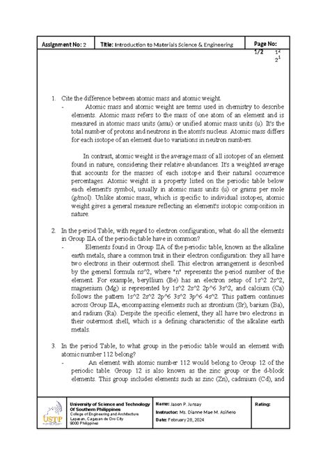 Assignment 2 In Matsci Assignment No 2 Title Introduction To Materials Science And Engineering