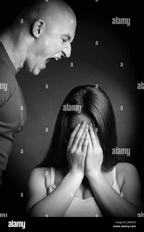 Strong Man Shouting Angrily At The Young Woman Woman Crying Face In