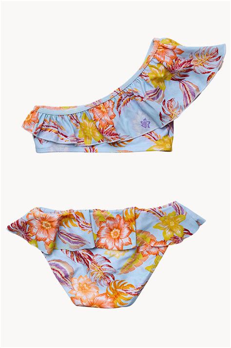 Snapper Rock Girls Boho Tropical One Shoulder Frill Crop Set Blue