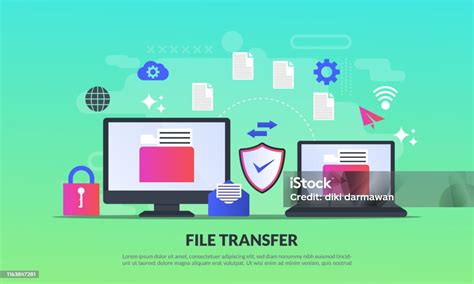 파일 전송 개념 화면 및 전송 된 문서 백업 파일 플랫 아이콘 웹 방문 페이지 배너 벡터 템플릿에 적합한 장치 간에 파일 공유 공유 개념에 대한 스톡 벡터 아트 및 기타