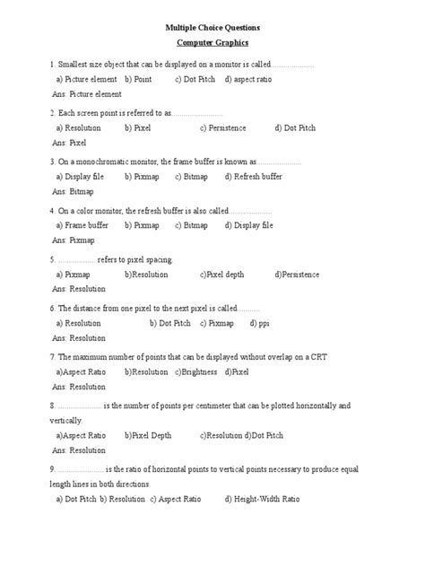 Mcq Computer Graphics Ii Pdf Display Resolution Video