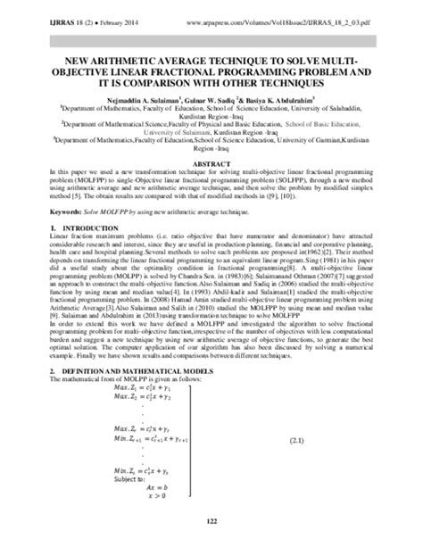 Pdf New Arithmetic Average Technique To Solve Multi Objective Linear