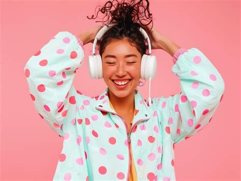 Young Asian Girl Wearing A Fashion Jacket And Music Headphones With