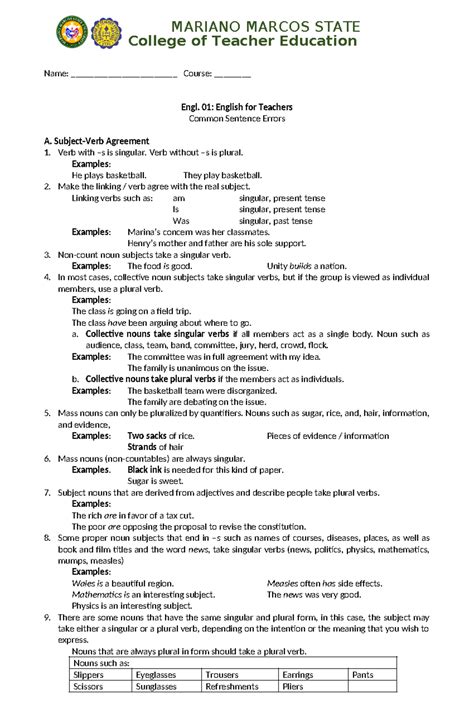 Common Sentence Errors College Of Teacher Education Name