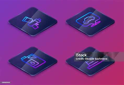 세트 아이소 메트릭 라인 페인트 스프레이 건 모터 오일 용 캐니스터 자동차 서비스 및 교통 콘 파란색 사각형 버튼입니다 벡터 3