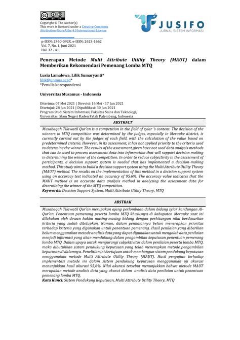 Pdf Penerapan Metode Multi Attribute Utility Theory Maut Dalam