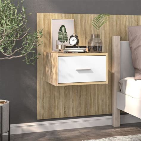 TAM Table de chevet murale Blanc et chêne sonoma Bois d ingénierie