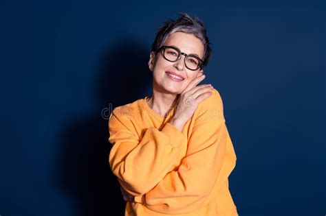 Photo Portrait Of Pretty Senior Female Touch Face Soft Skin Wear Trendy