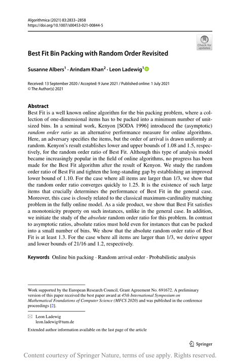 PDF Best Fit Bin Packing With Random Order Revisited