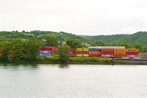 Cargo Containers At The Railway Container Terminal Near The River Editorial Stock Image Image