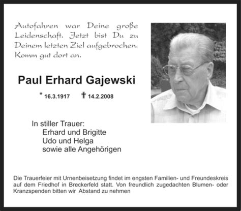 Traueranzeigen Von Paul Erhard Gajewski Trauer In Nrw De