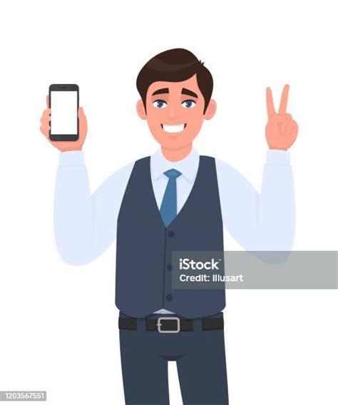 빈 화면 휴대 전화를 보여주는 조끼 정장에 젊은 사업가와 몸짓 승리 평화 V 기호 스마트폰을 들고 있는 사람 템플릿을 모의합니다