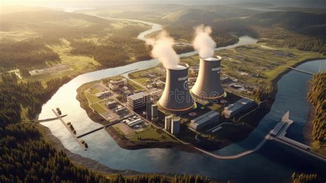 Nuclear Power Station View Of Drone Of Nuclear Power Plant And River