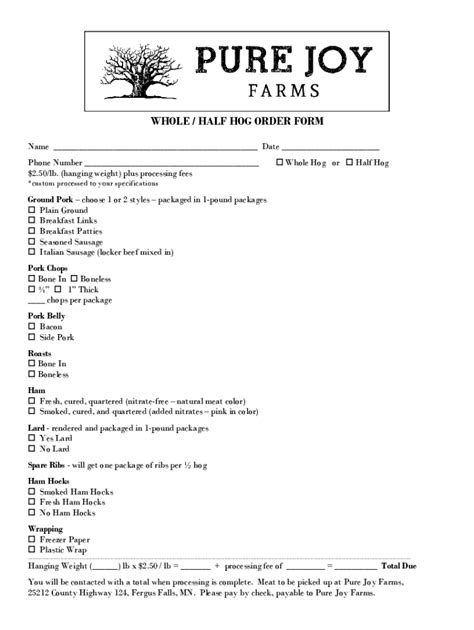 Fillable Online Whole Hog Cut Order Examplefaye Farmshog Butchering
