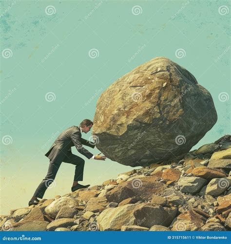 A Businessman In A Suit Is Pushing A Huge Boulder Uphill With Tension Stock Image Image Of