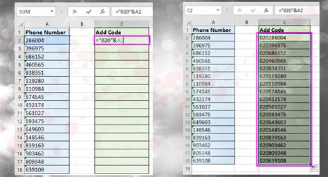 how to add country area code to a phone number list in excel