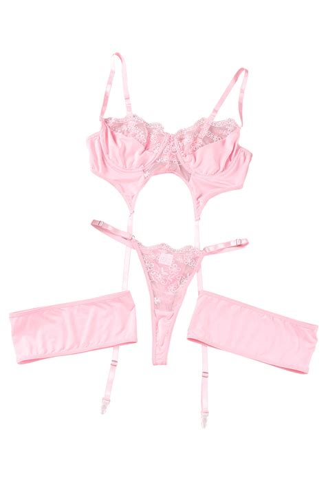 Pink Sheer Lace 3pcs Garter Belt Lingerie Set Dvl Shop
