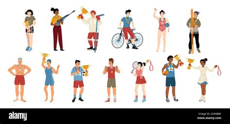 Sport Athletes Champions With Gold Medals And Cups Diverse Sportsmen