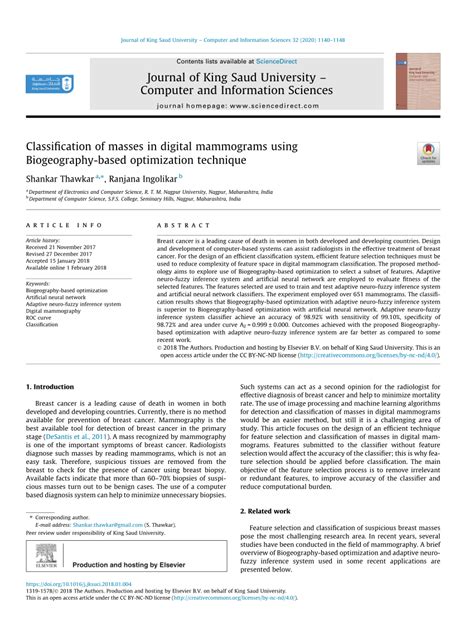 pdf classification of masses in digital mammograms using biogeography