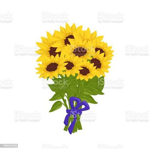 노란 꽃잎 나뭇잎 및 활이있는 해바라기 꽃의 밝은 꽃다발 자연의 요소 장식 및 디자인을위한 식물 휴일 선물 벡터 플랫 일러스트