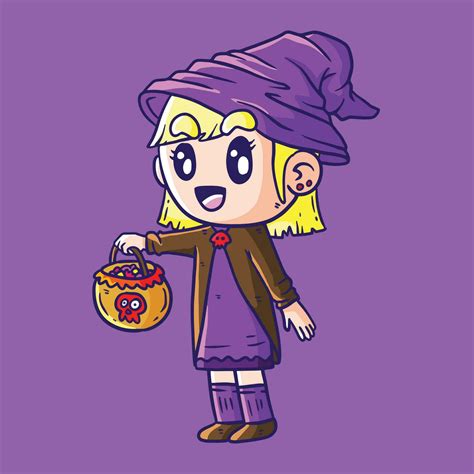 Cute Girl Vector Illustration In Halloween Witcher Costume To Go Trick