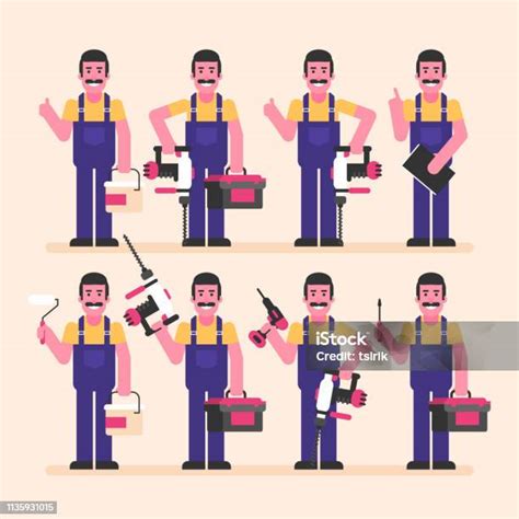 ช่างซ่อมถือกระเป๋าเดินทางไขควงเจาะค้อนและวัตถุต่างๆ ชุดอักขระ ภาพประกอบสต็อก ดาวน์โหลดรูปภาพ