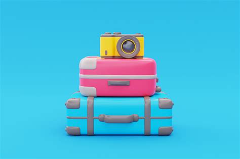 카메라 관광 및 여행 개념 여행 계획 휴가 휴가 자연 여행 3d 렌더링이 있는 여행 가방 가방에 대한 스톡 사진 및 기타 이미지