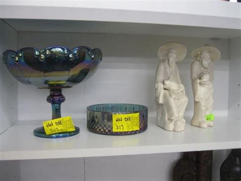 Carnival Glass Bowls And 2 Asian Figurines