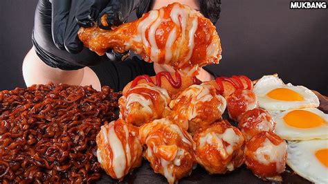Asmr Mukbang Fried Chicken And Black Bean Noodles Cheese Balls Eating 진