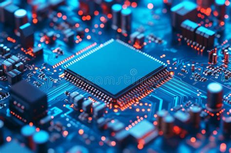 Microchip On Blue Circuit Board With Neon Lights Artificial Intelligence Image Stock