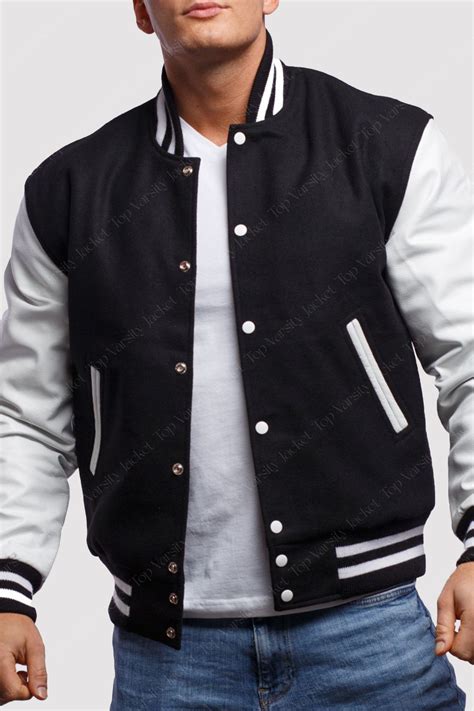 Black Wool With White Leather Sleeves Varsity Jacket