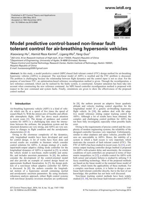 Pdf Model Predictive Control Based Non Linear Fault Tolerant Control