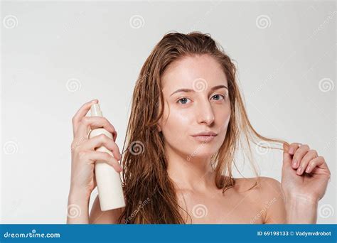 Beautiful Woman Spraying Hairspray Stock Image Image Of Hand
