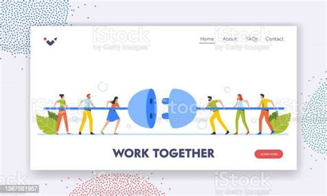 사람들은 함께 방문 페이지 템플릿을 작동합니다 거대한 플러그를 연결하는 작은 문자 전원 소켓을 연결하는 남성과 여성 개념에 대한