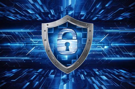 Cybersecurity Theme Metallic Shield Against Blue Backdrop With Abstract Digital Circuits Stock