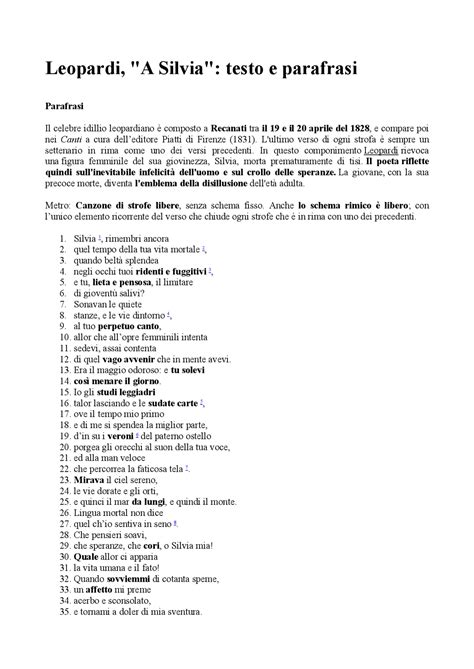 Leopardi A Silvia Testo E Parafrasi Appunti Di Italiano Docsity